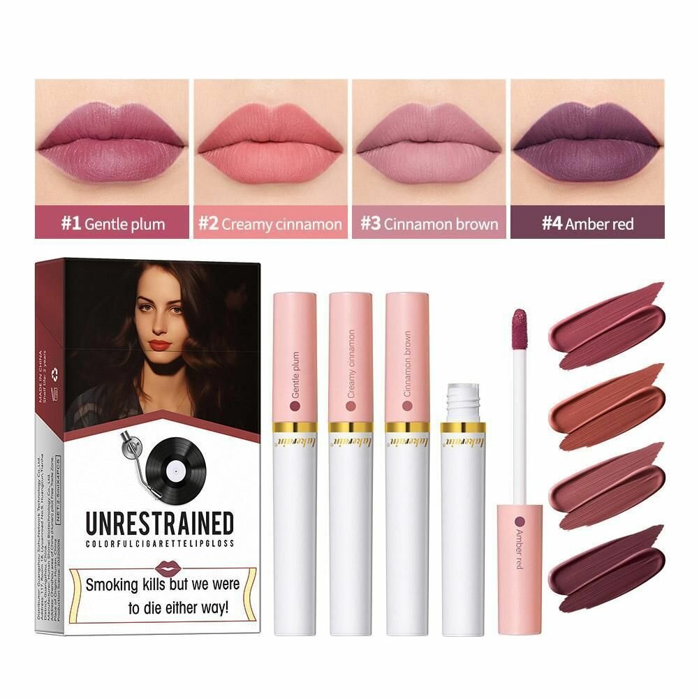 Набор матовых блесков для губ в портсигаре, Набор из 4-х помад (разных цветов)