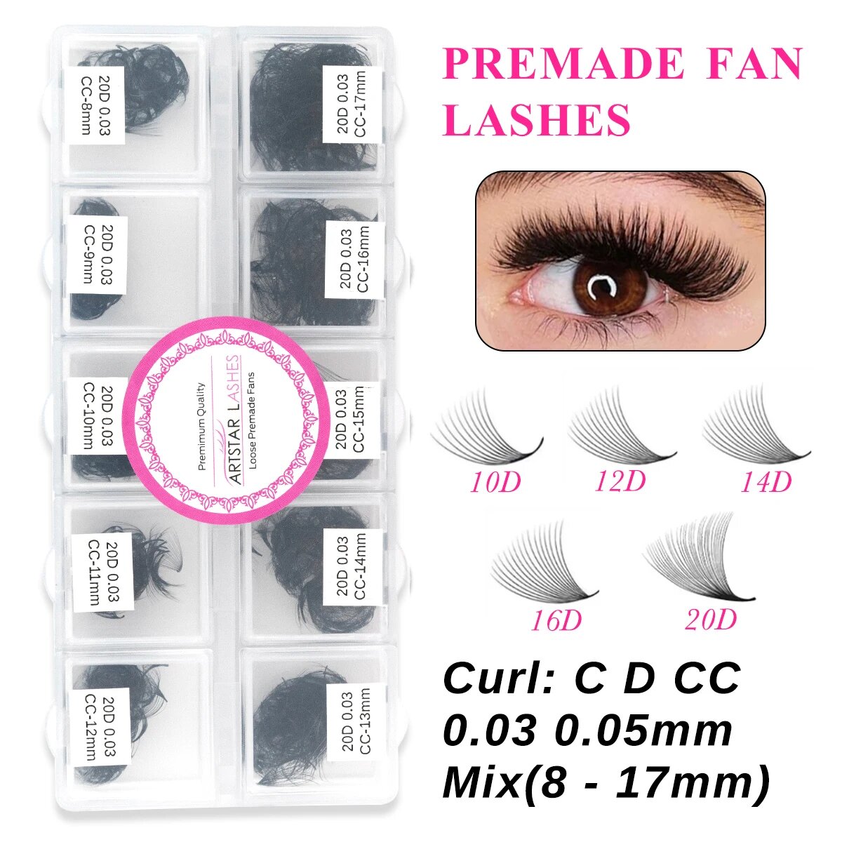 ARTSTAR Lashes готовые веерные ресницы 1000 fans mix 8-17 mm C, 0,03 мм, 20D