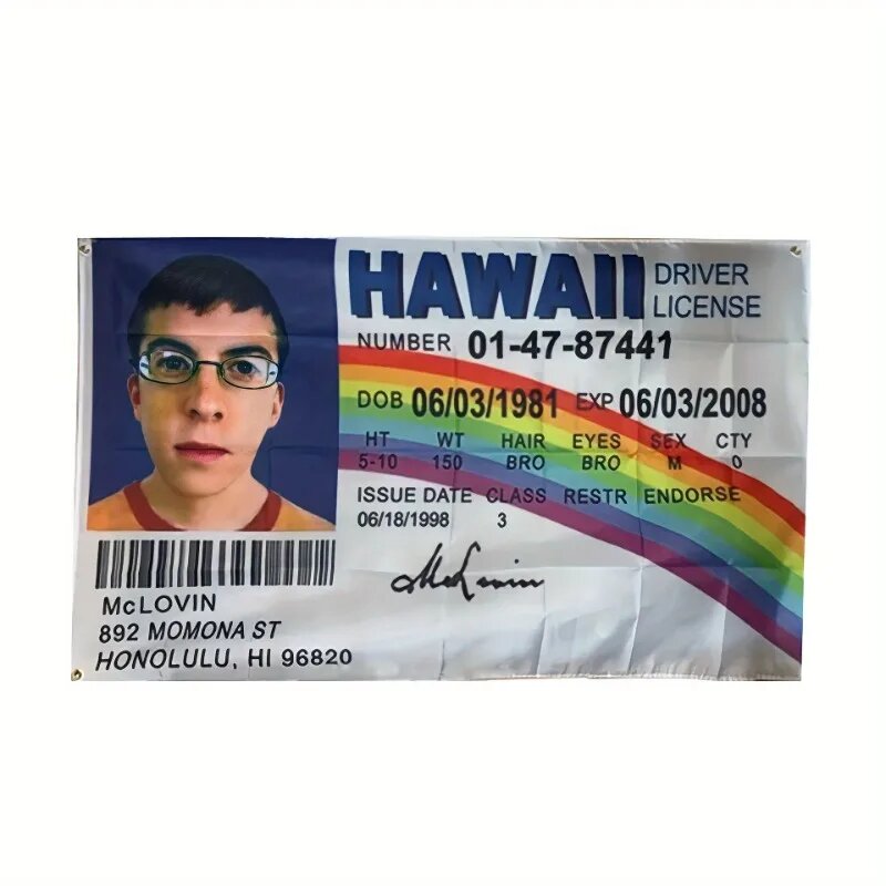 Американский флаг McLovin, флаг водительских прав, 3x5 футов, баннер, гобелен с 4 латунными втулками, используется для декора стен в общежитии университета