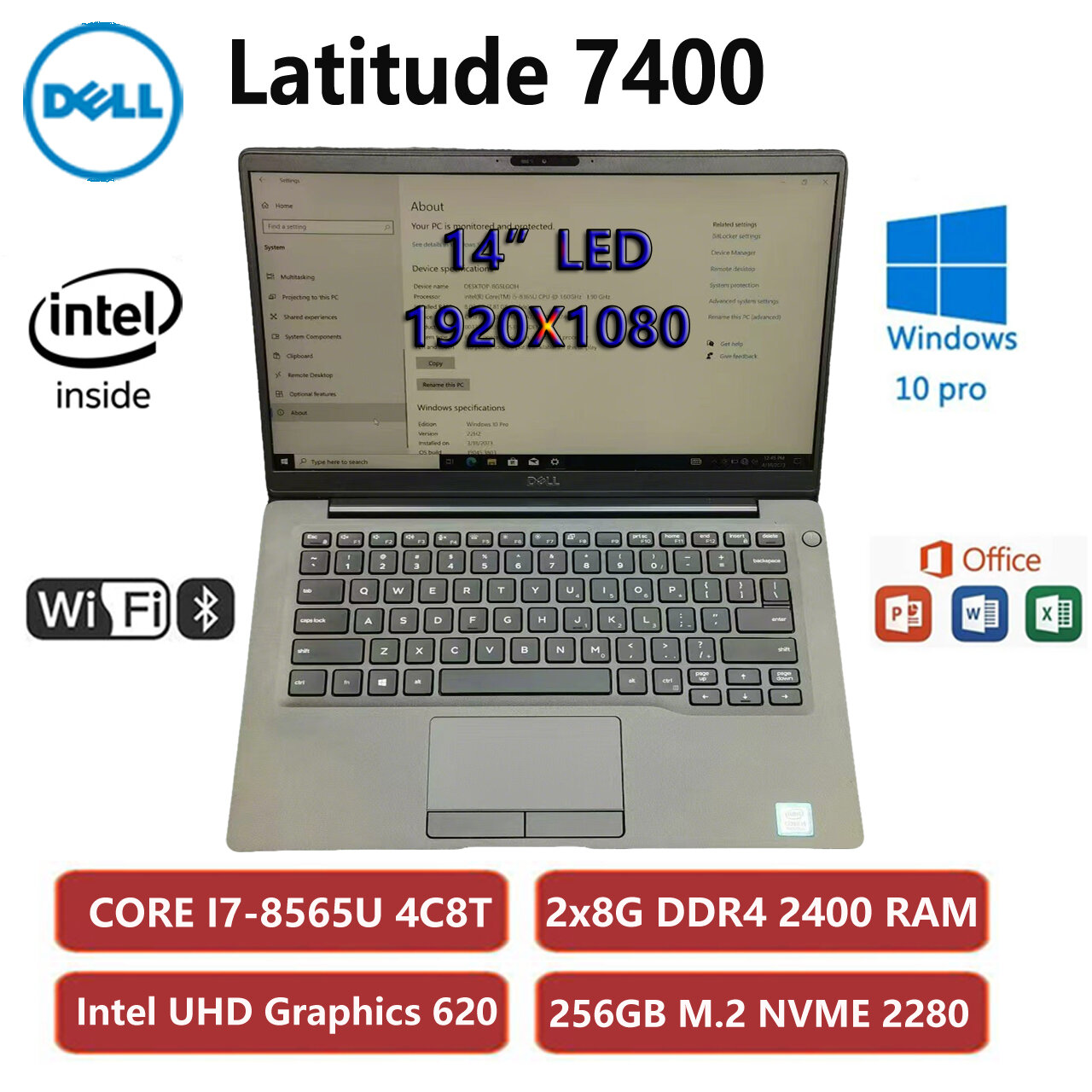 Подержанный ноутбук 14" DELL Latitude 7400( CORE I7-8565U+2X8GB DDR4 2400 RAM+256G M.2 NVME SSD+Intel UHD 620 Видеокарта+1920X1080 IPS 4K) Win 10 pro