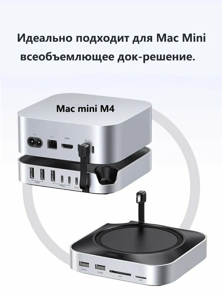 Док-станция Ugreen (USB-C Hub) для Mac Mini M4/M2/M1, 4 порта, HDMI 4K, Ethernet, серебро