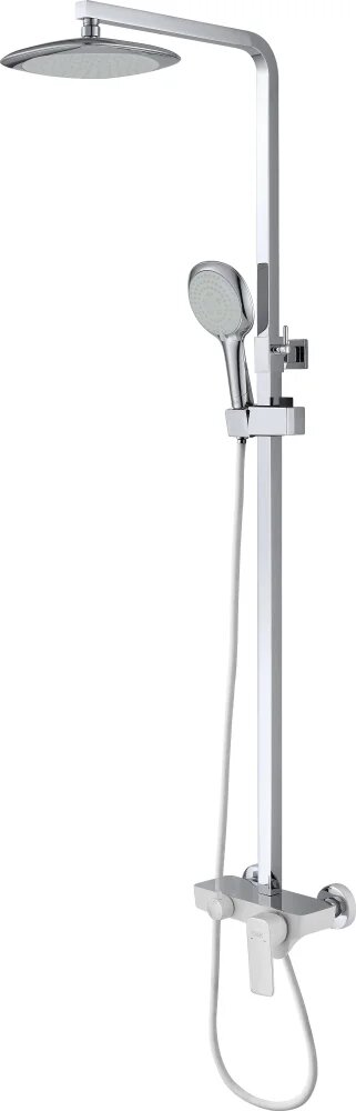 Душевая стойка D&K Berlin Steinbeis DA1433716A02 со смесителем, хром, белая, глянцевая, с тропическим душем, с изливом, с лейкой, душевая система, латунная, рычаг сбоку