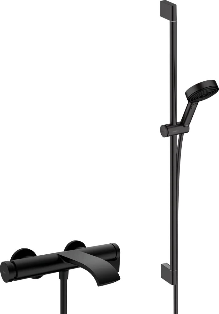 Смеситель для ванны с душем Hansgrohe Vivenis 75420670 с душевым гарнитуром, настенный, однорычажный, нажимной, черный, матовый, латунный, с керамическим картриджем