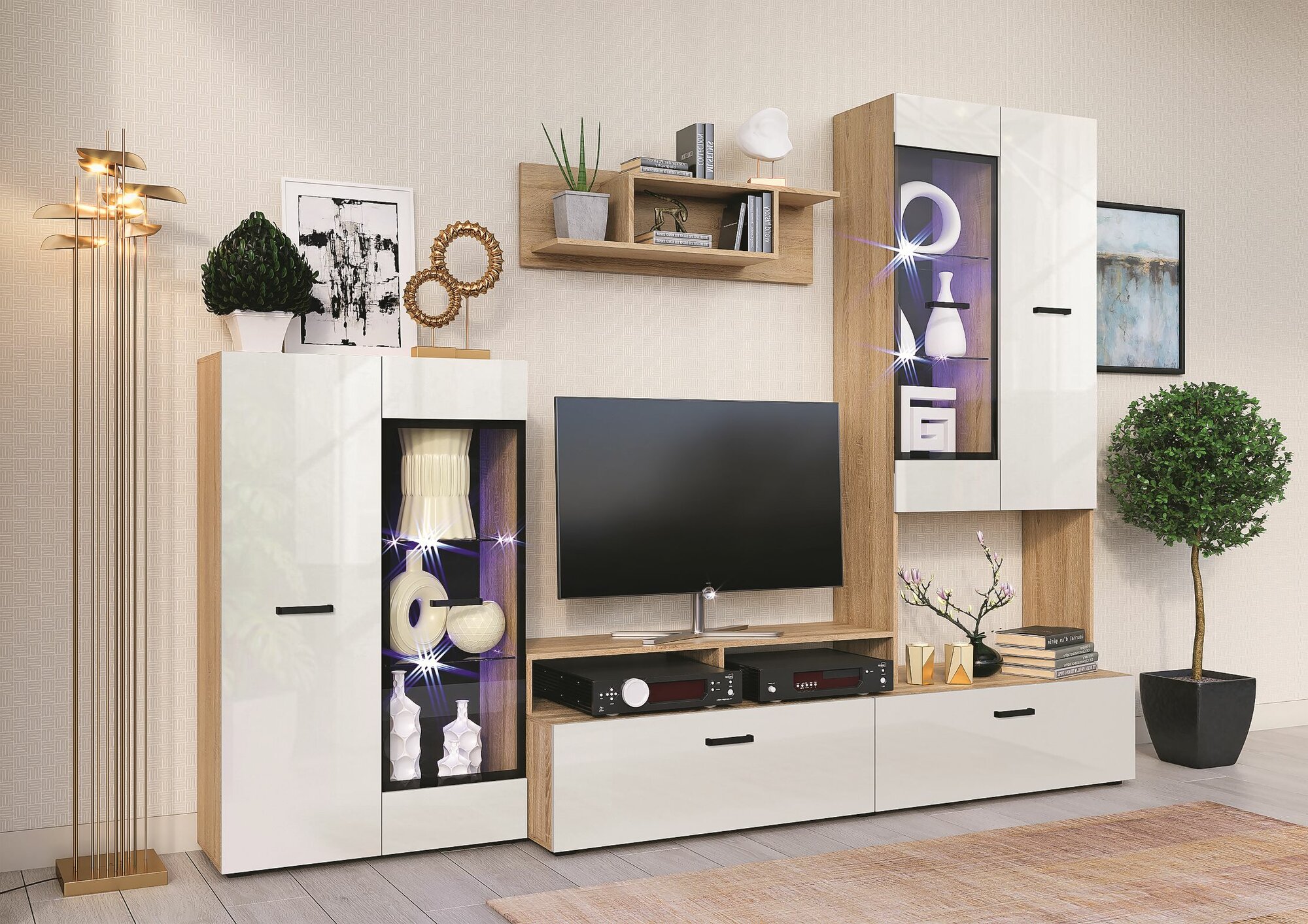 Гостиная Нэнси NEW Вариант №3 (Белый глянец, Сонома) (Миф)