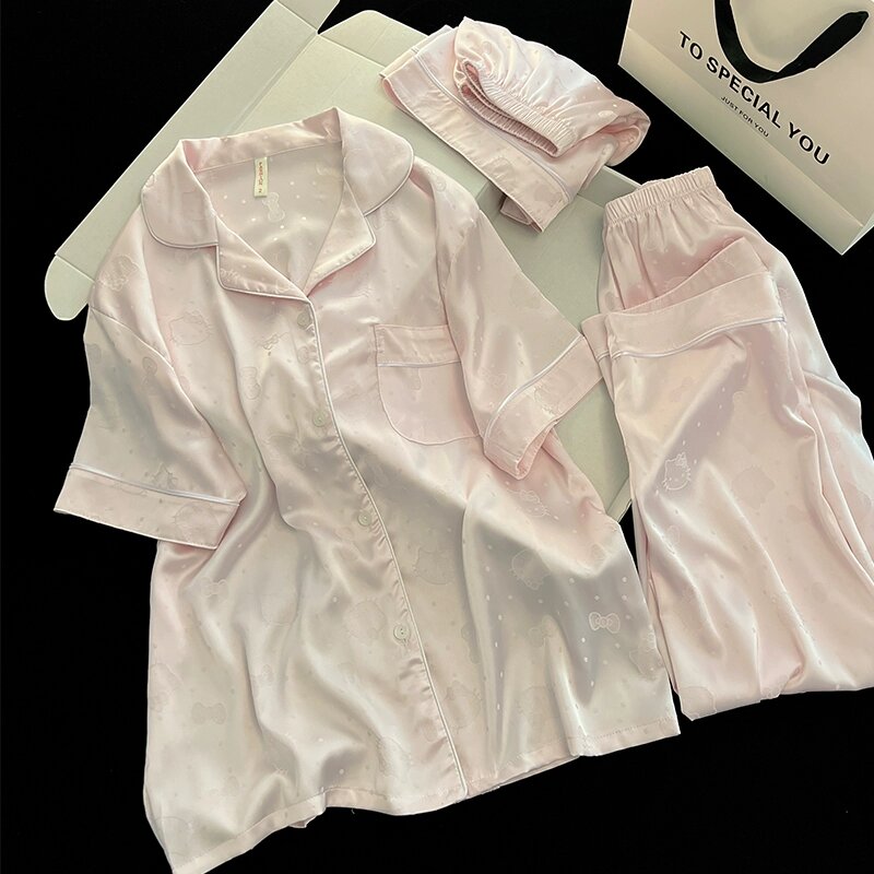 Пижама с короткими рукавами из розового милого шелка Hello Kitty для девочек, женская летняя одежда для отдыха, которую можно носить на улице, дома, летняя тонкая одежда