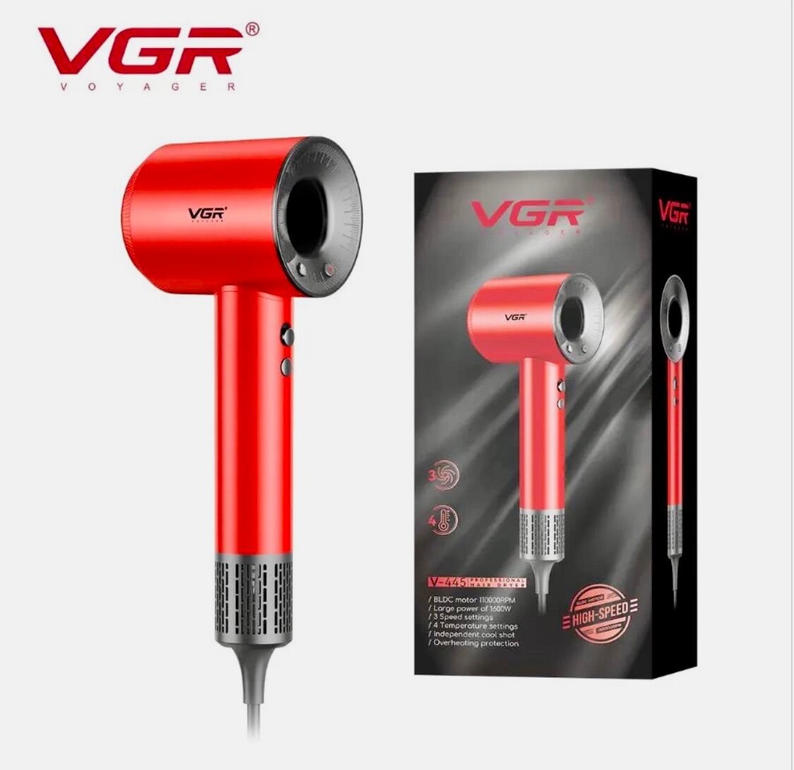 Фен для волос VGR V-445 professional мощностью 1600Вт. с 7 режимами работы, защитой от перегрева и кабелем 1,7 м, красный