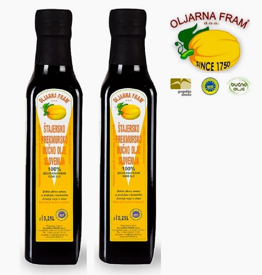 Масло тыквенное из обжаренных семян Штирийской тыквы не рафинированное регион Штирия и Прекмурье IGP Oljarna Fram Словения 2х250мл