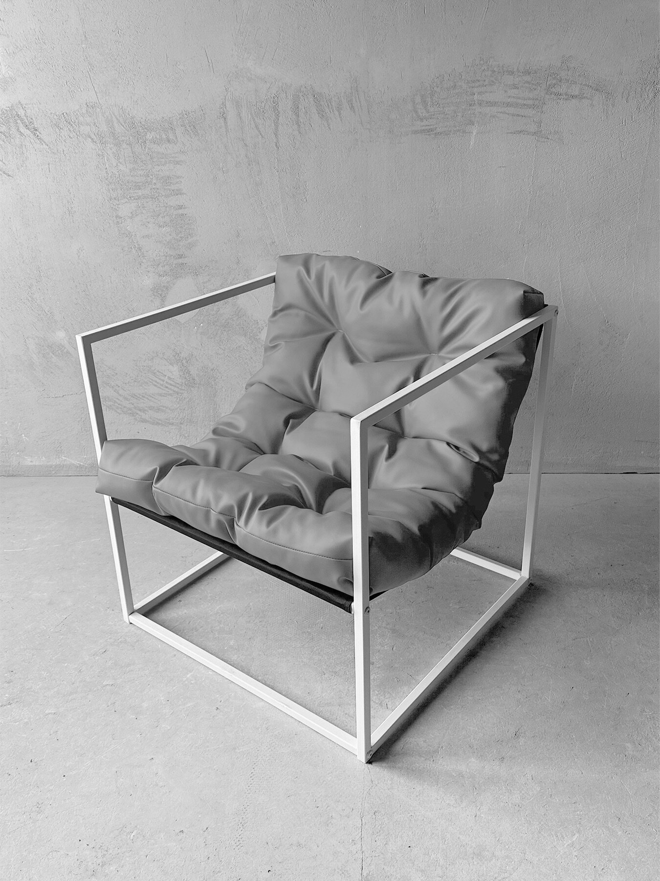 Кресло мягкое удобное для отдыха, уличное, на балкон, на веранду, в стиле лофт, минимализм, Лофтовик + серый кожзам