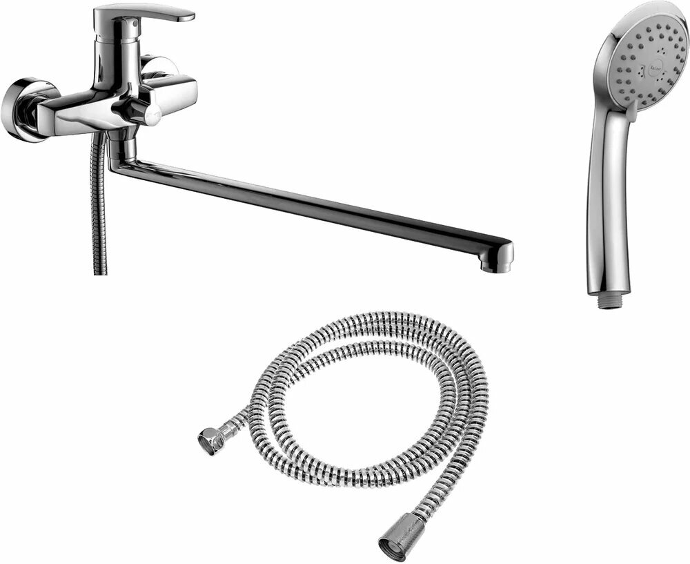 Смеситель с длинным изливом для ванны Kaiser Guss 68055 с душевым гарнитуром, поворотный, латунный, хром, глянцевый, смеситель для ванны с душем, рычажный