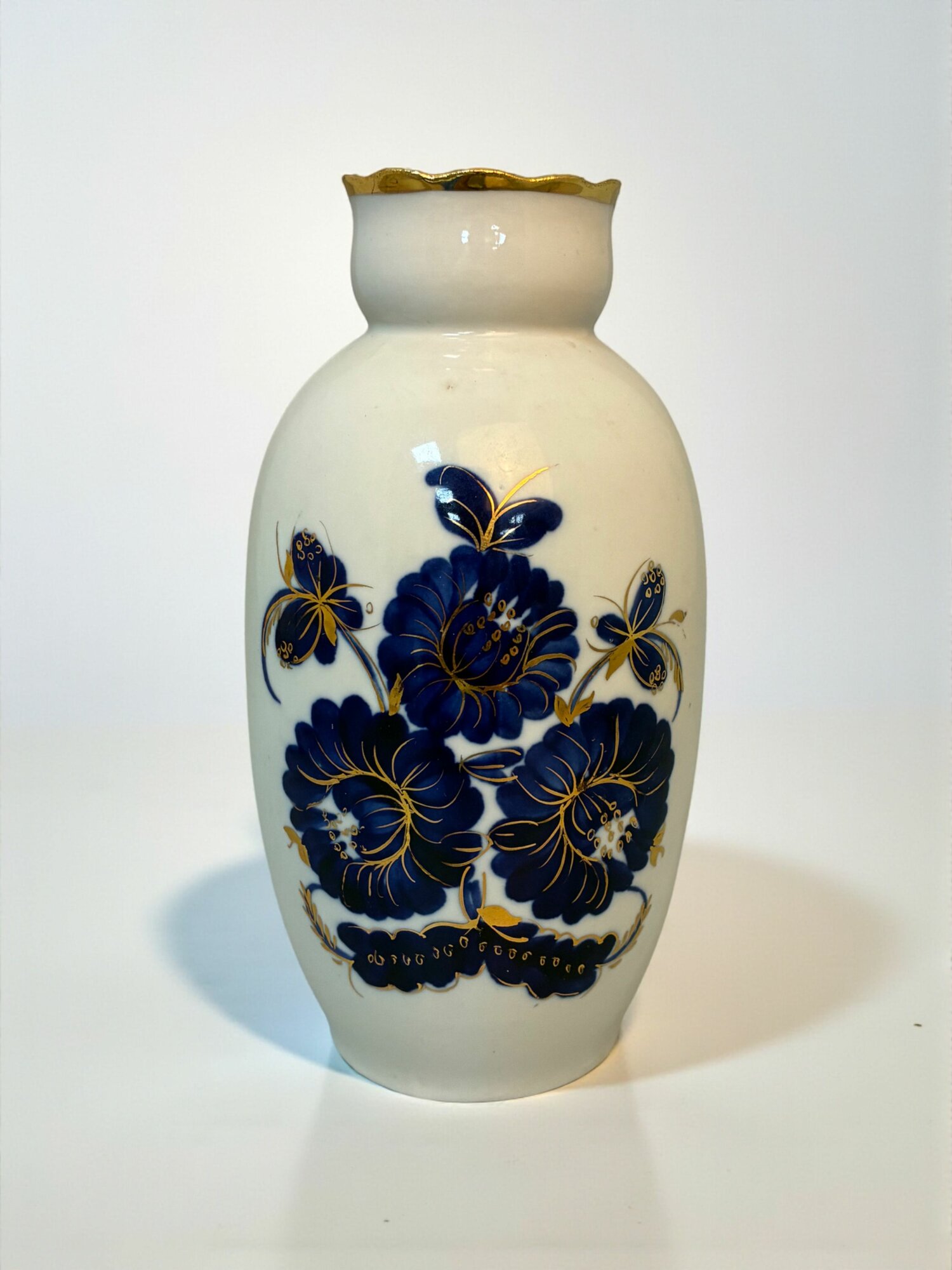 Антикварная ваза "Синие цветы", фарфор, живопись, ПФЗ, 1970-е г.