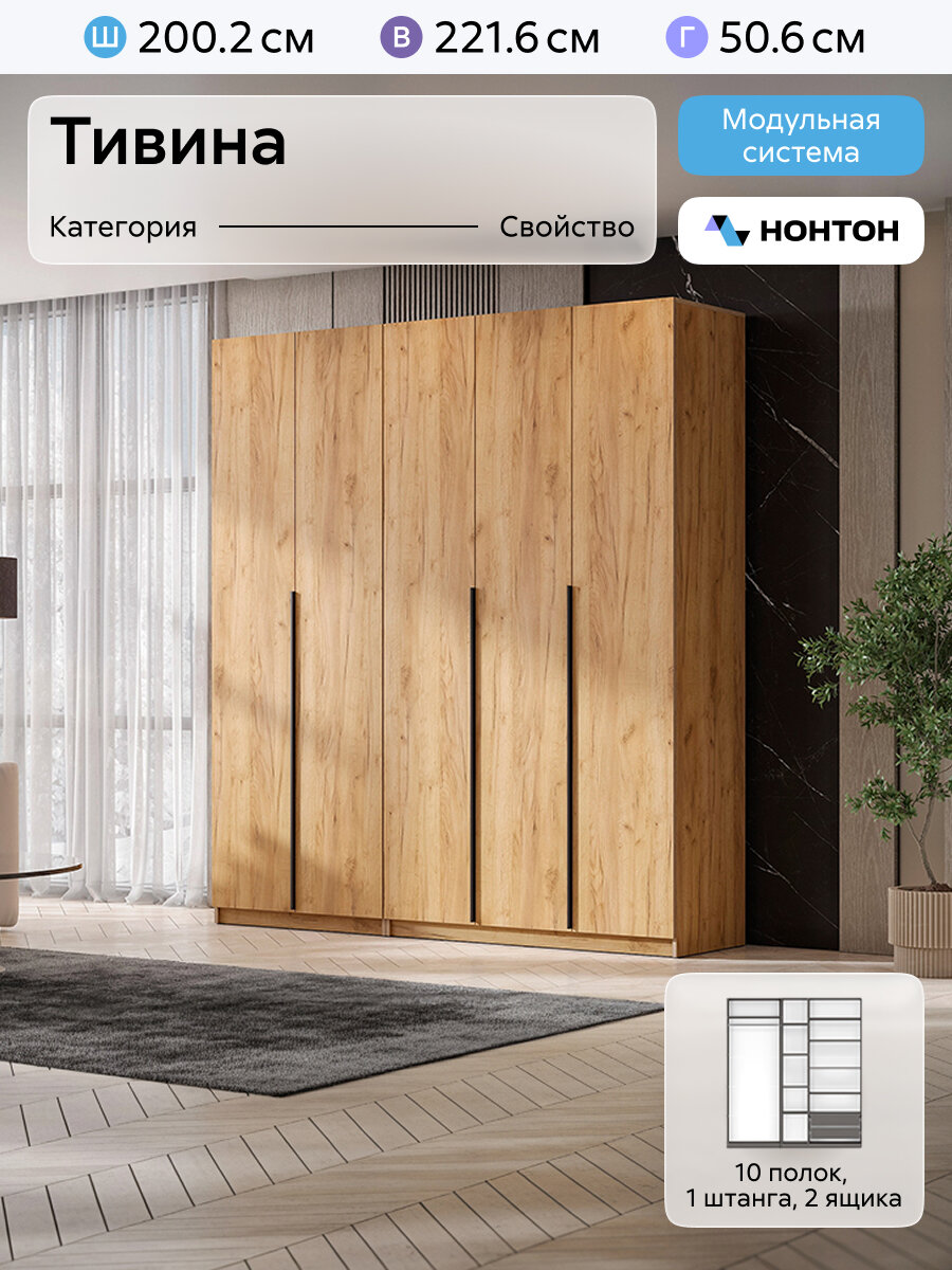 Комплект распашных шкафов для одежды Нонтон Тивина, 2 шт, 200 см, 10 полок, 1 штанга, 2 ящика, дуб золотой
