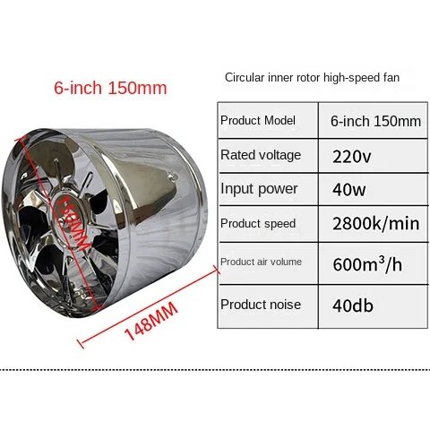 Вентилятор вытяжной ZARTSEN 6/8 дюймов 6inch 150-160mm