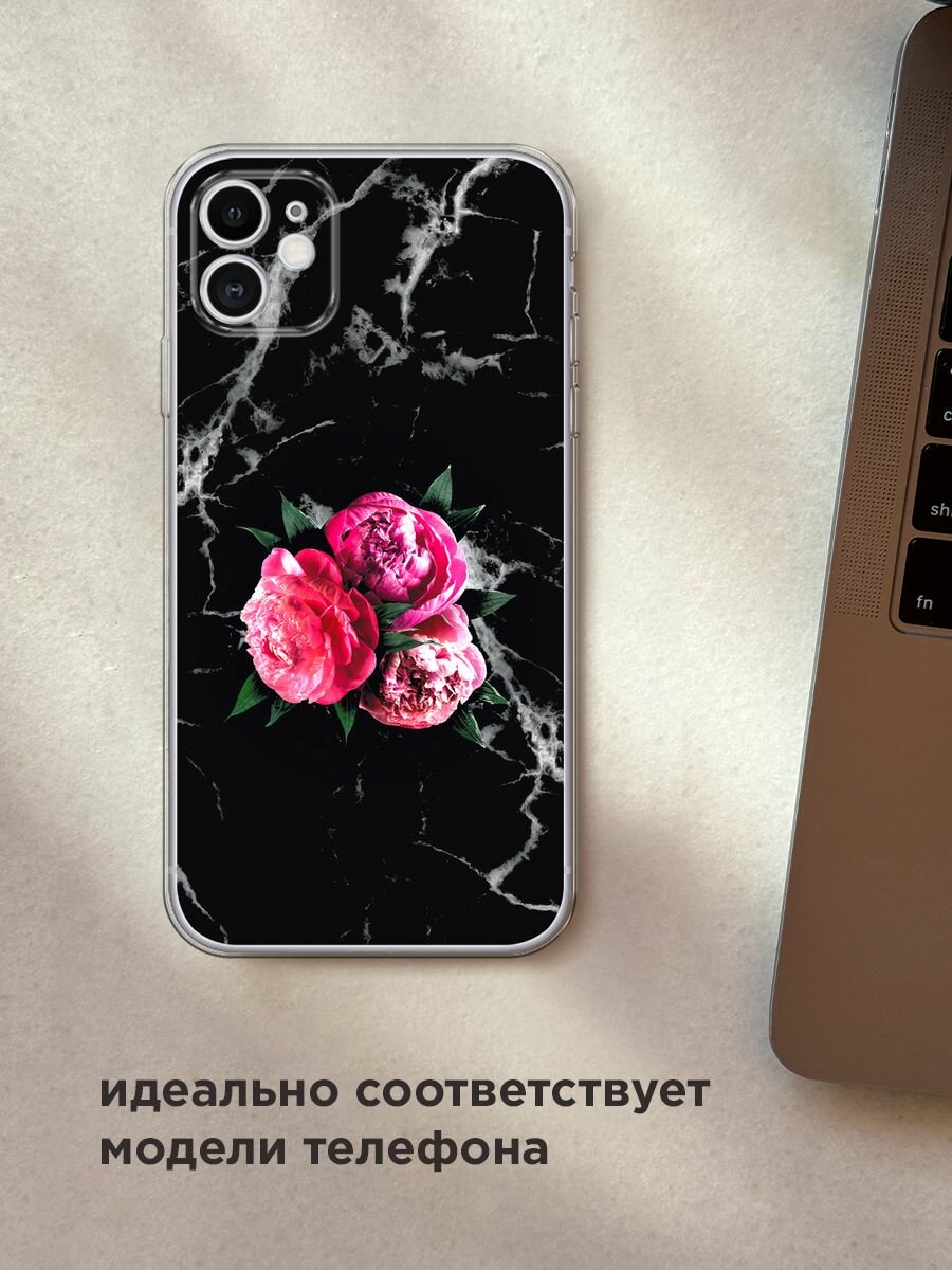 Чехол на Apple iPhone 11 / Айфон 11 с принтом "Букет на черном мраморе" — фото 1