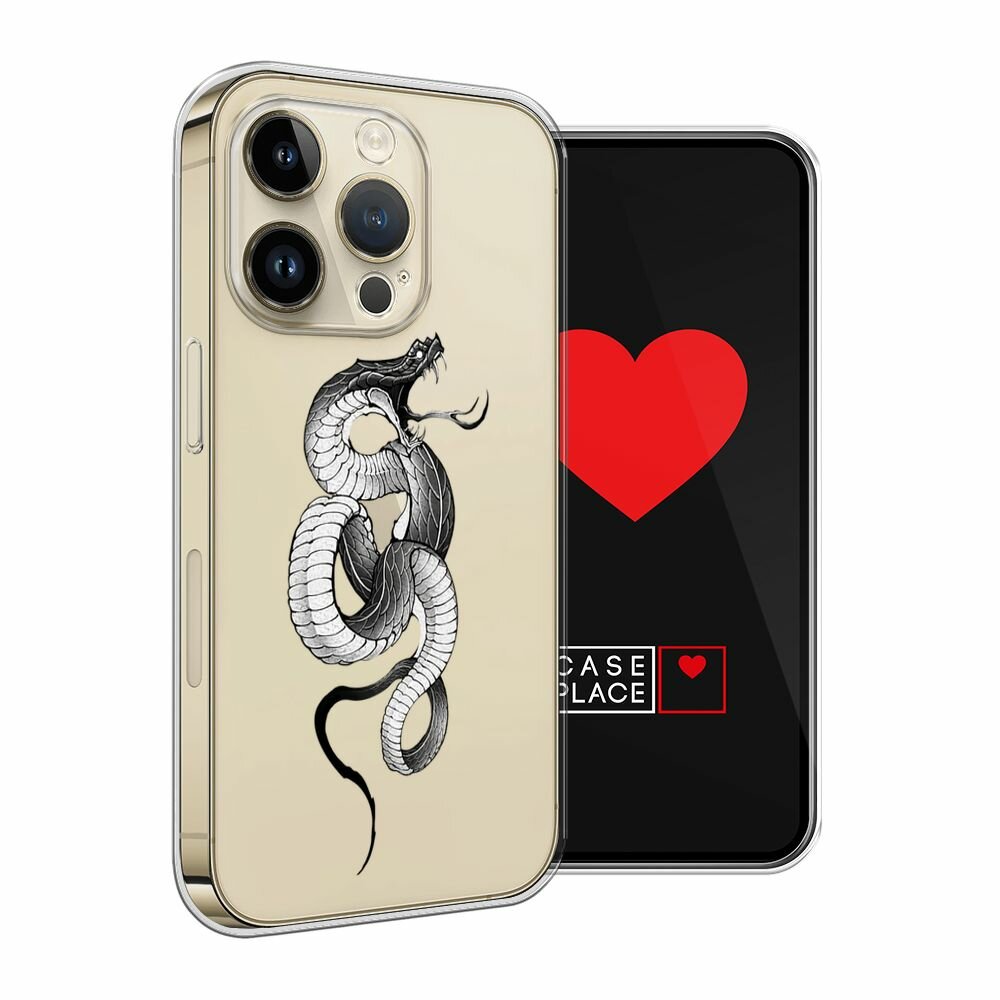 Чехол на Apple iPhone 14 Pro / Айфон 14 Про с принтом Монохромная змея рисунок, прозрачный — фото 1