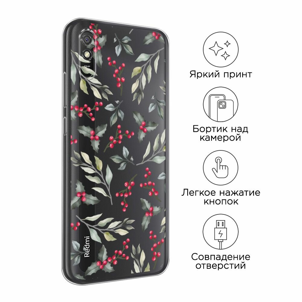 Чехол на Xiaomi Redmi 9A / Сяоми Редми 9А с принтом Зимние ягоды паттерн, прозрачный — фото 1