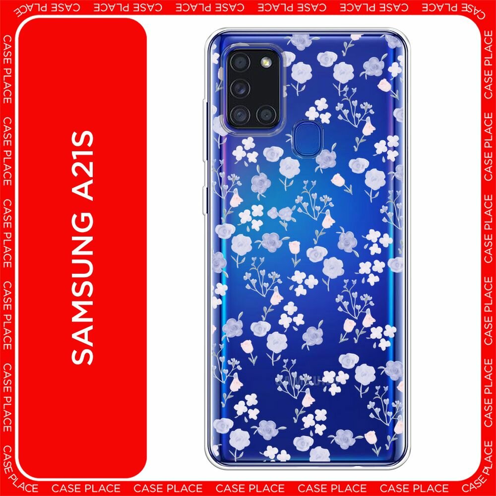 Чехол на Samsung Galaxy A21s / Самсунг Галакси A21s с принтом "Сиреневые розы паттерн", прозрачный