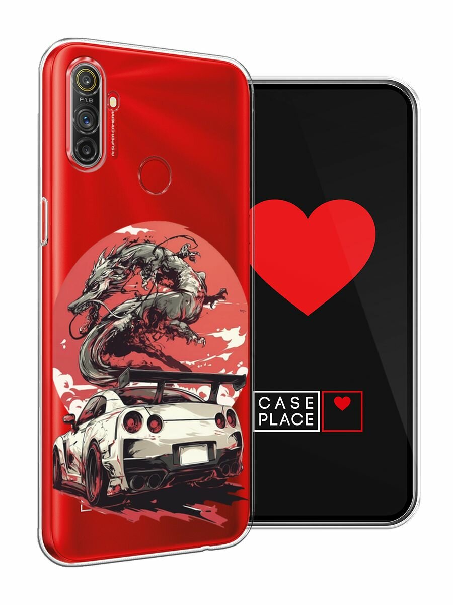 Чехол на Realme C3 / Реалми C3 с принтом "Car and dragon", прозрачный — фото 1