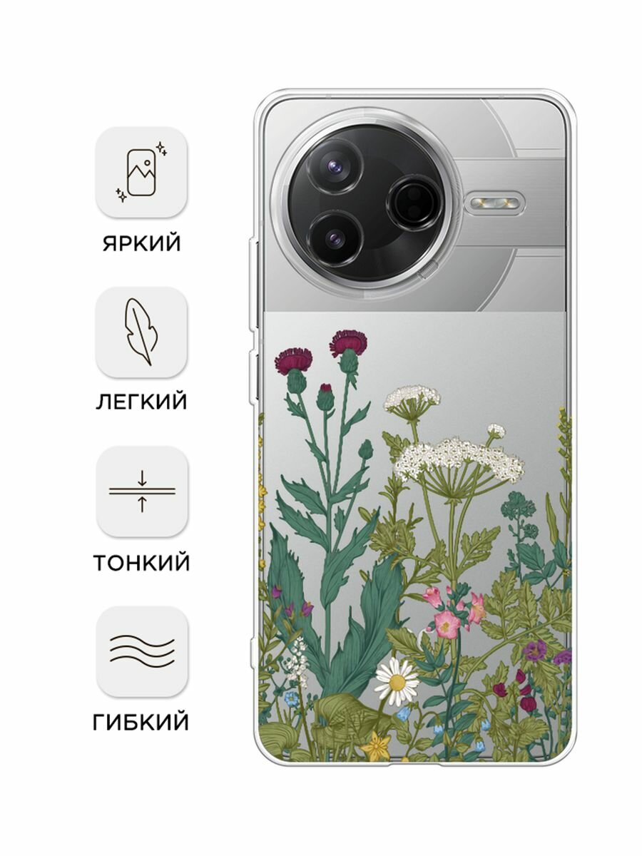 Чехол на Poco F7 Pro / Поко F7 Про с принтом "Дикие полевые цветы", прозрачный — фото 1