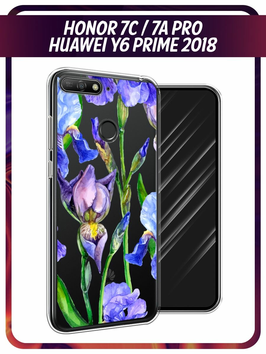 Чехол на Honor 7C/7A Pro/Huawei Y6 Prime 2018 / Хонор 7С/7А Про/Хуавей Y6 Prime 2018 с принтом "Синие ирисы", прозрачный