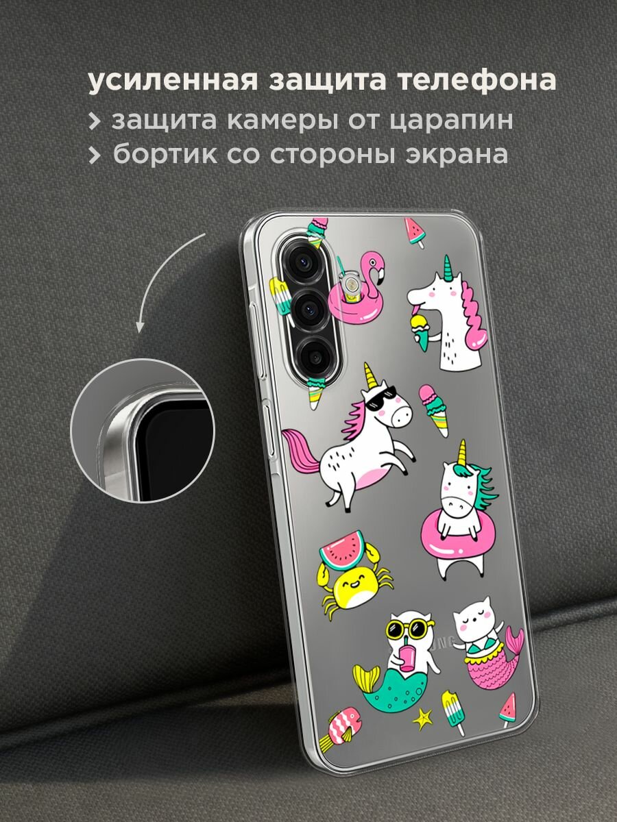 Чехол на Samsung Galaxy A17 / Самсунг А17 с принтом "Единороги в отпуске", прозрачный — фото 1