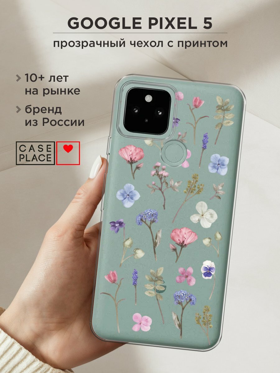 Чехол на Google Pixel 5 / Гугл Пиксель 5 с принтом "Гербарий из полевых цветов", прозрачный