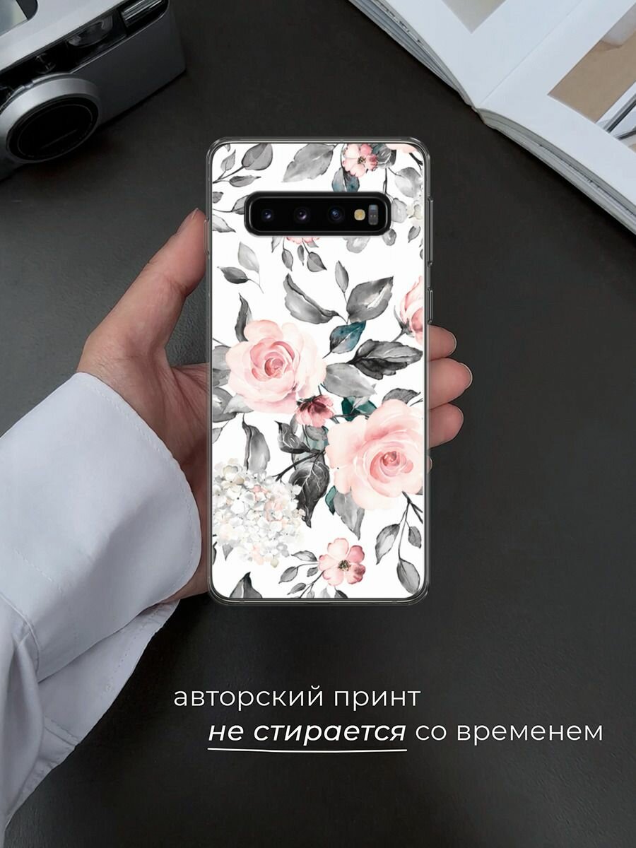 Чехол на Samsung Galaxy S10 / Самсунг Галакси S10 с принтом "Розы на белом" — фото 1