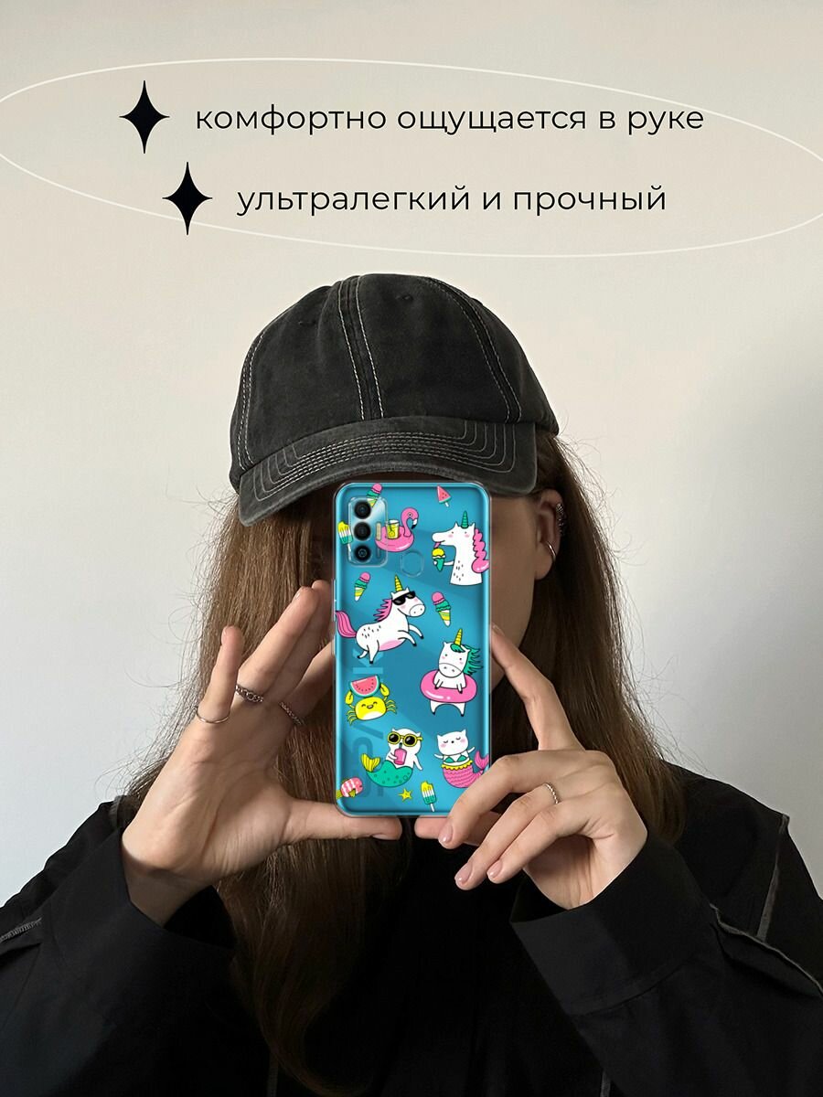 Чехол на Tecno Spark 7 / Техно Спарк 7 с принтом "Единороги в отпуске", прозрачный — фото 1