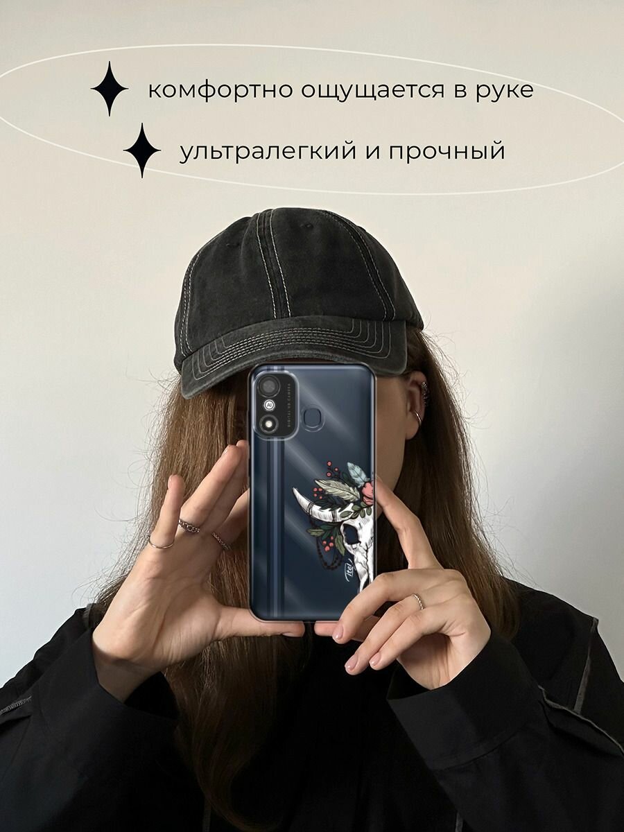 Чехол на Itel A27 / Ител А27 с принтом "Череп быка с цветами", прозрачный — фото 1