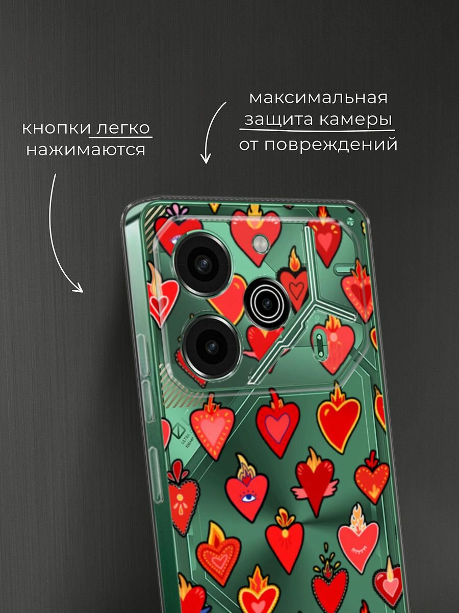 Чехол на Tecno Pova 6 Pro 5G / Текно Пова 6 Про с принтом "Дьявольские сердца паттерн", прозрачный — фото 1