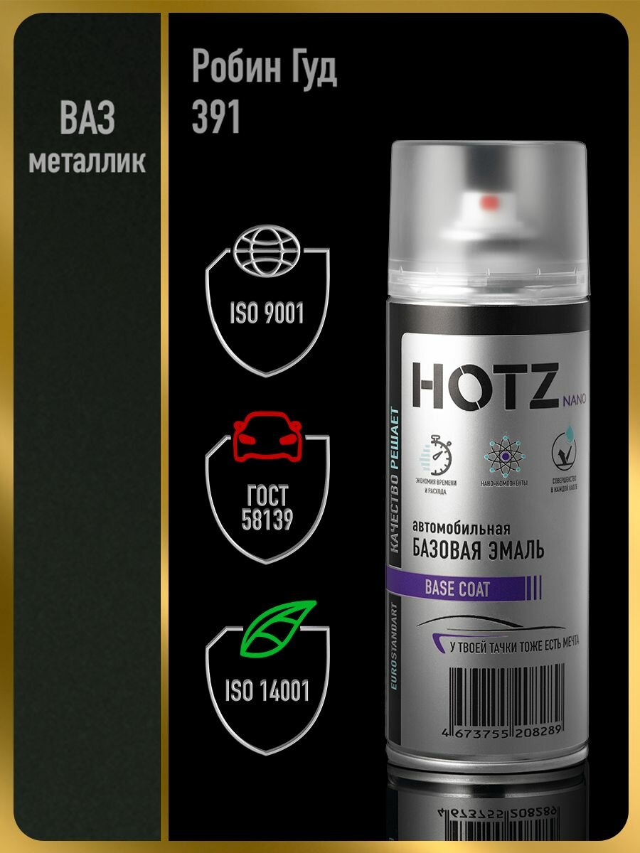 Краска аэрозольная 1K "Робин Гуд 391" металлик 520 мл, базовая автомобильная ремонтная эмаль, HOTZ