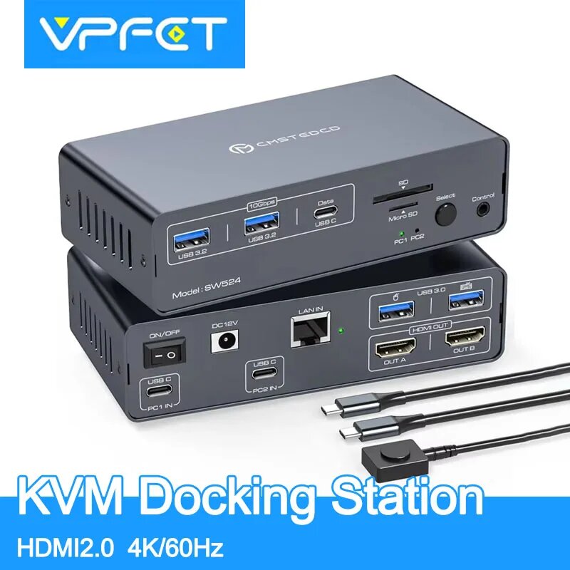 Док-станция USBC KVM HDMI 4K60HZ Компьютерный монитор Поддержка USB-C 10 Гбит/с 12 В 1,5 А А Адаптер питания Общая мышь и клавиатура EU Plug