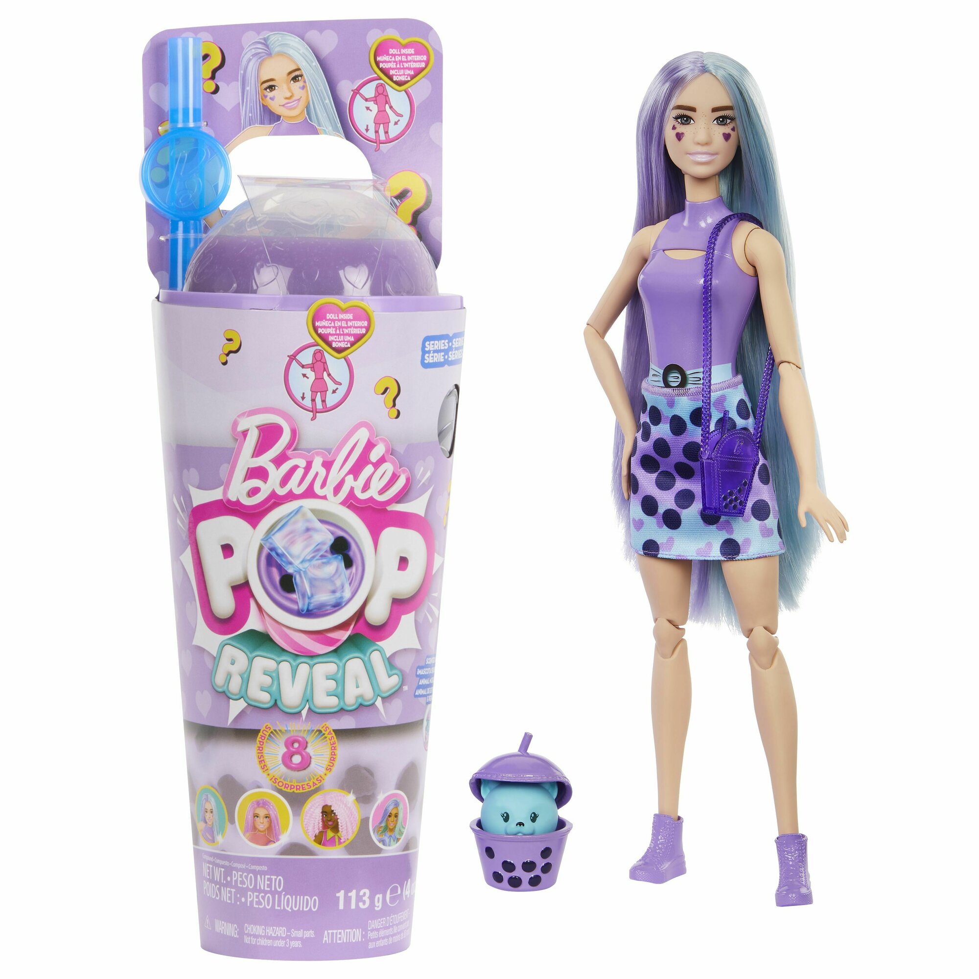 Кукла Barbie Pop Reveal Bubble Tea Fizz, 8 сюрпризов, в том числе питомец, слайм, аромат и изменение цвета