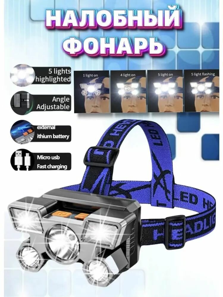 Фонарь налобный аккумуляторный светодиодный фонарик налобный 4 режима, регулировка угла