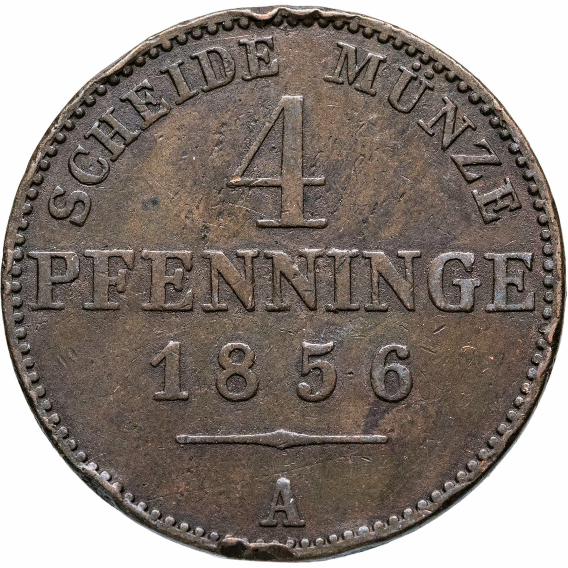 Пруссия 4 пфеннинга pfennige 1856 А, Медь, в сохранности VF