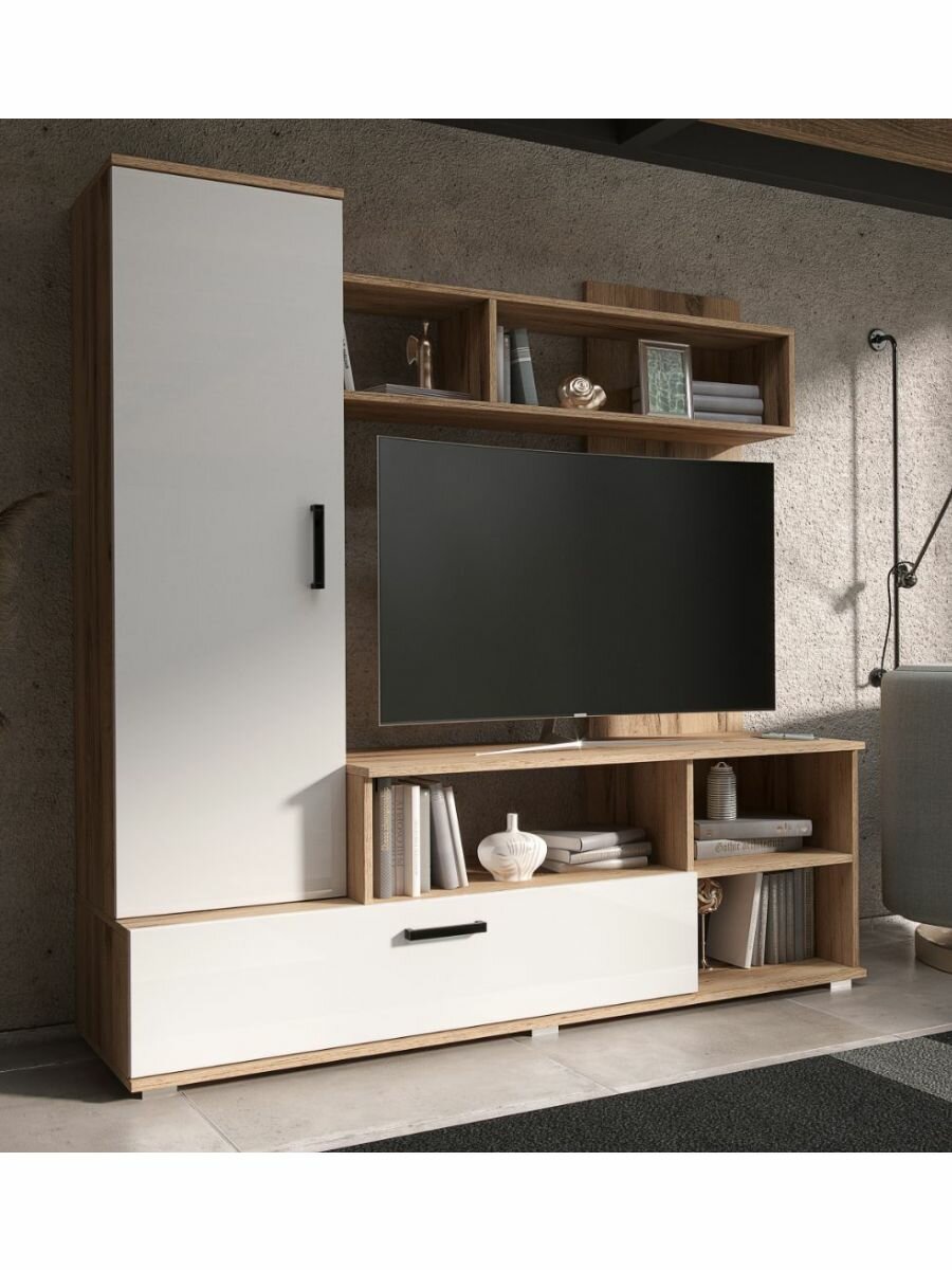 Гостиная Мини ЛДСП 1500х1520х440, Дуб крафт/Белый глянец, МИФ