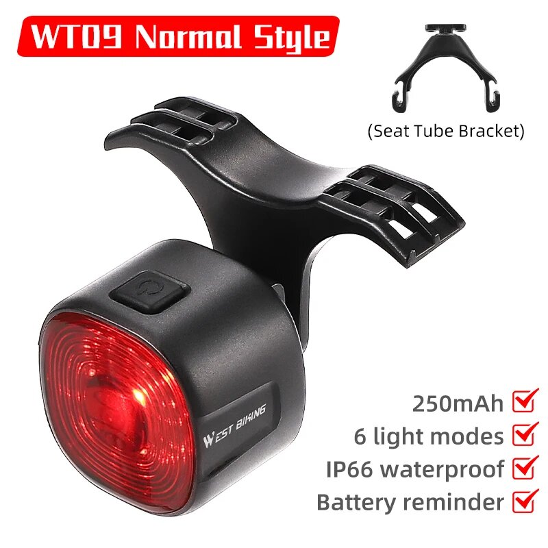 Велофара задняя WEST BIKING WT09, 250mAh, 6 режимов, IP66