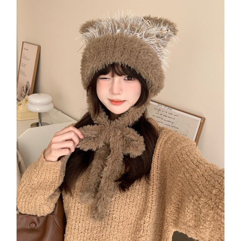 2025, стиль Хепберн, ранняя осень и зима, милая плюшевая вязаная шапка с бантом и кошачьими ушками, теплая японская стильная милая маленькая мордашка