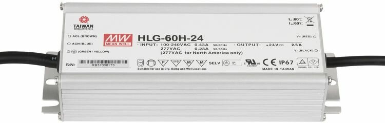 LED-драйвер AC-DC Mean Well HLG-60H-24, выходное напряжение 24В/2.5А, корпус IP67