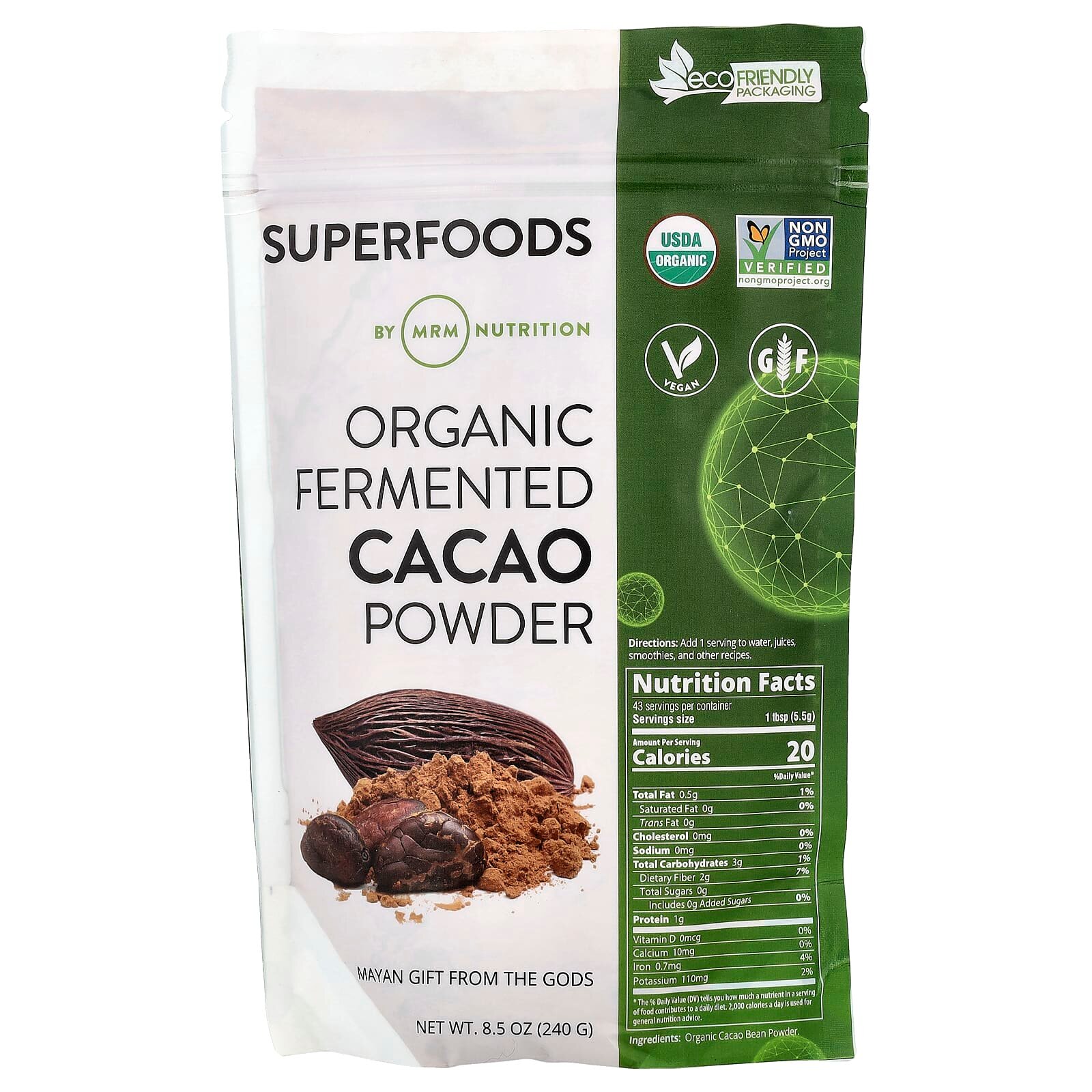 Органический какао-порошок MRM Nutrition, ферментированный, 240г