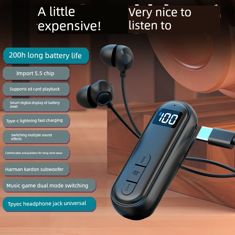 Беспроводные наушники Bluetooth с зарядным кейсом, черный цвет, длина кабеля 120 см для длительного ношения