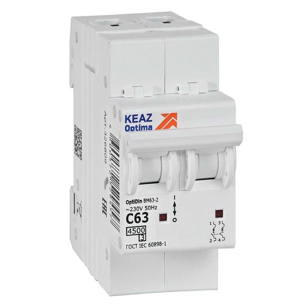 Выключатель автоматический КЭАЗ двухполюсный 63А C 4,5кА AC OptiDin BM63-2C63-4,5-УХЛ3
