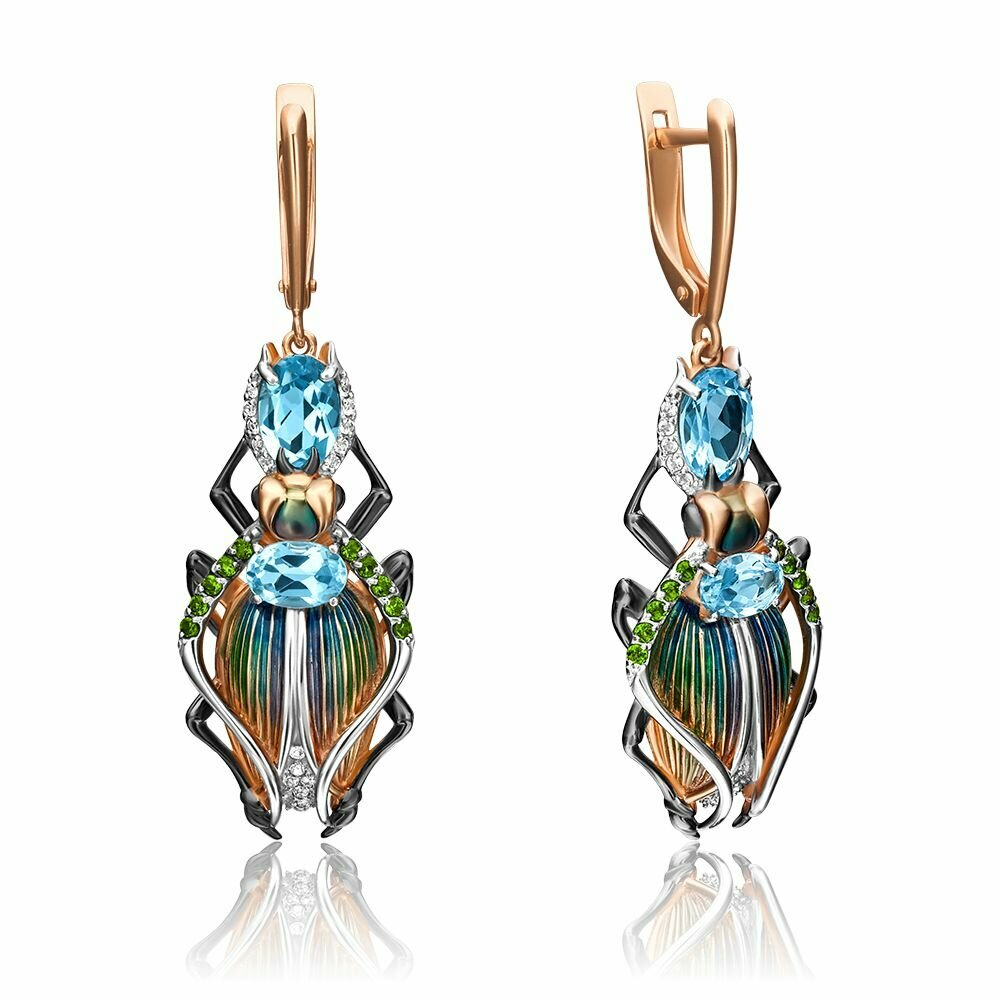 Серьги с подвесками, красное золото, 585 проба, топаз, хромдиопсид, эмаль