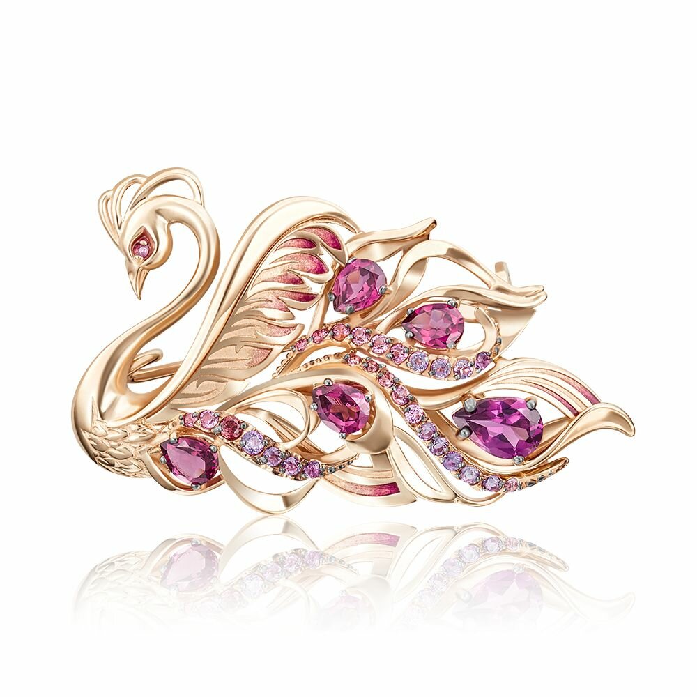 Брошь, красное золото, 585 проба, аметист, эмаль, гранат