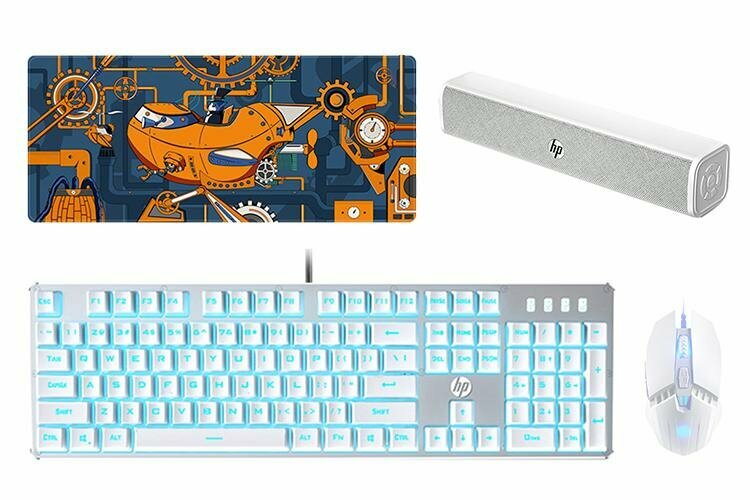Клавиатура и мышь HP, 【Super God Four-Piece】Keyboard + Gaming Mouse + Game Audio + Super Large Gaming Mouse Pad, белый