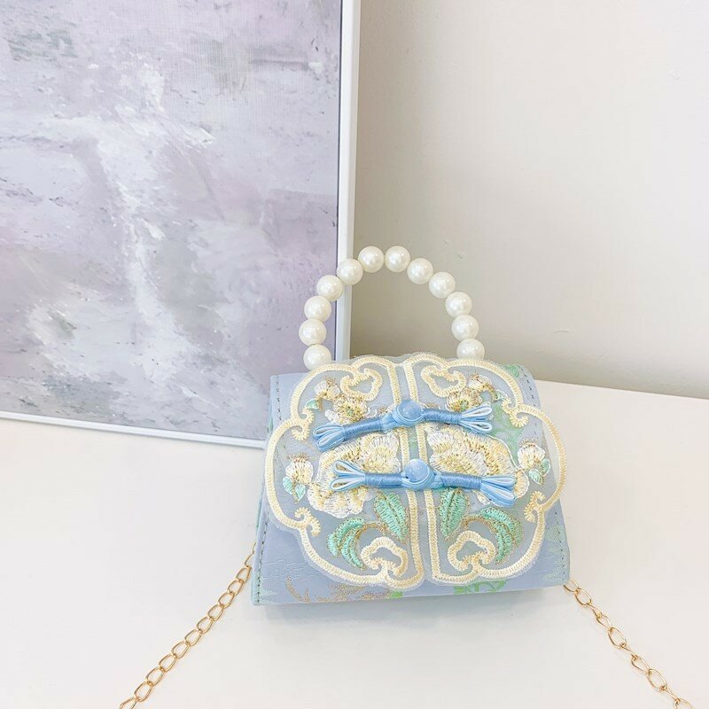 Kids girls playful pvc handbag with embroidered details for daily outfits blue