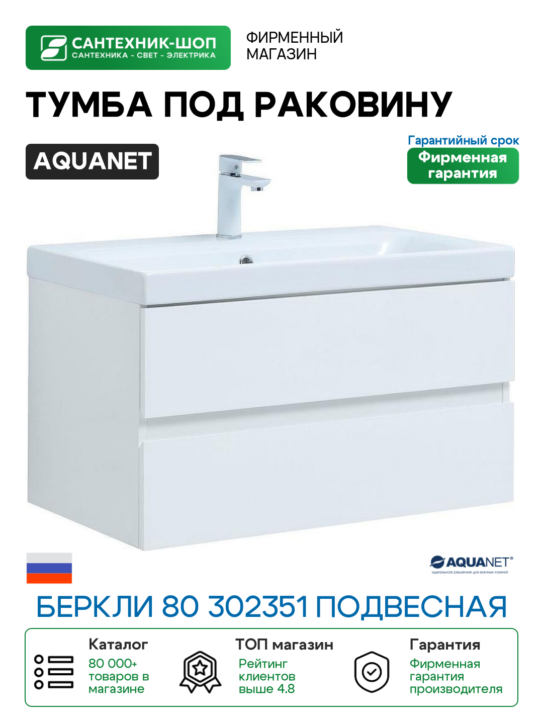 Тумба под раковину Aquanet Беркли 80 302351 подвесная Белый глянец МДФ / ЛДСП