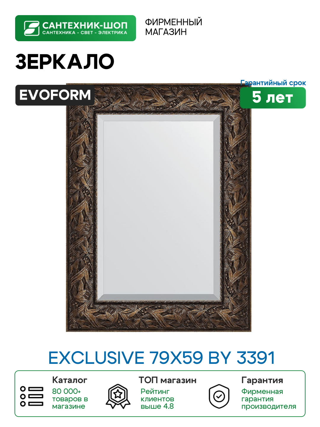 Зеркало Evoform Exclusive 79х59 BY 3391 с фацетом в багетной раме - Византия бронза 99 мм стекло