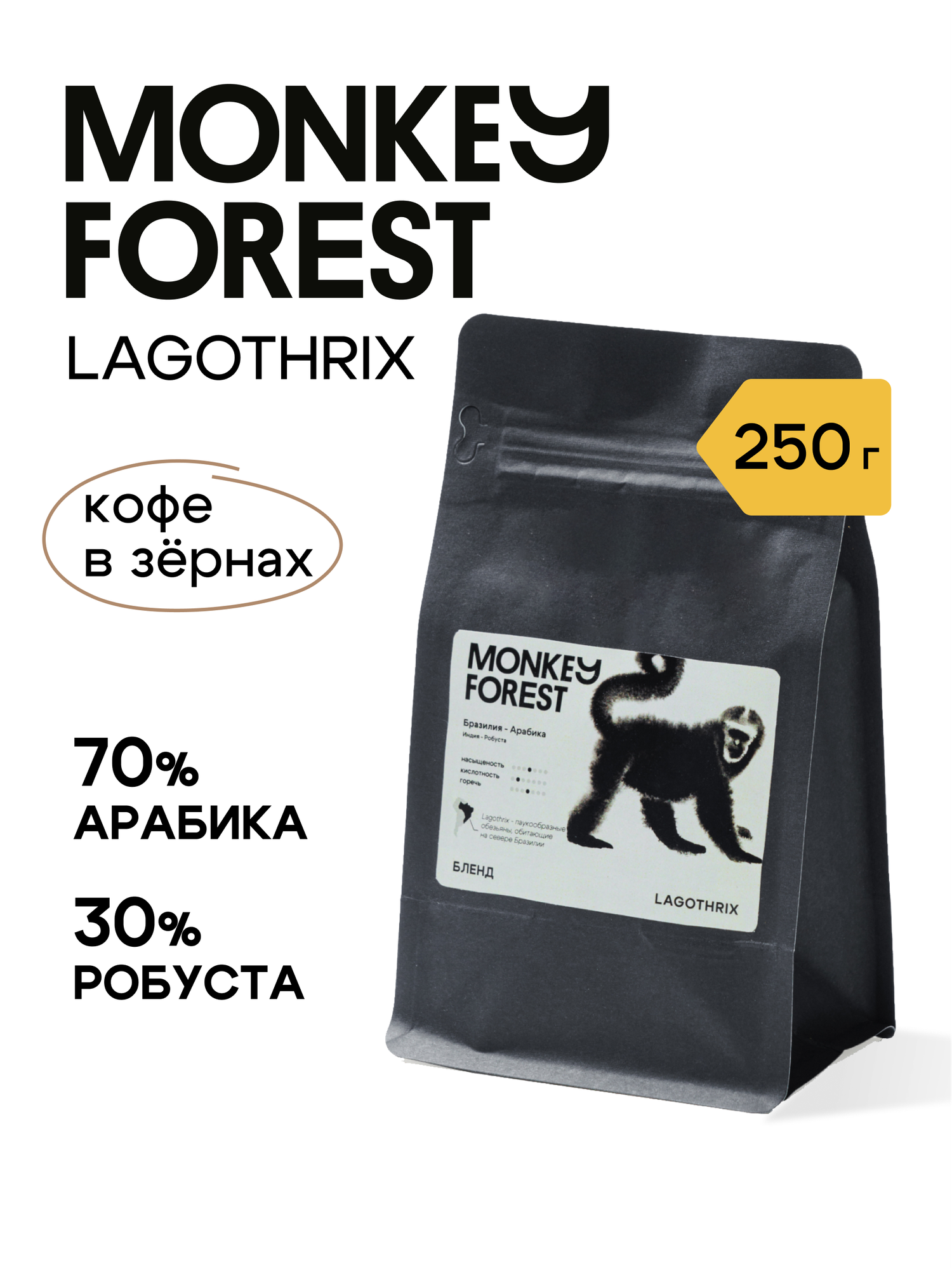 Кофе в зернах смесь 70% арабика / 30% робуста Monkey Forest Lagothrix 250 гр.