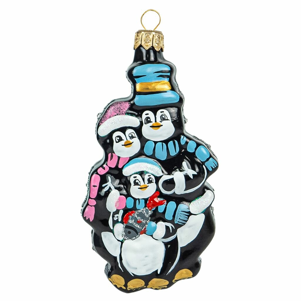 Елочная игрушка фигурка стеклянная "Семейка пингвинов-3" д5,9см, h10,5см, ручная художественная роспись, подарочная упаковка