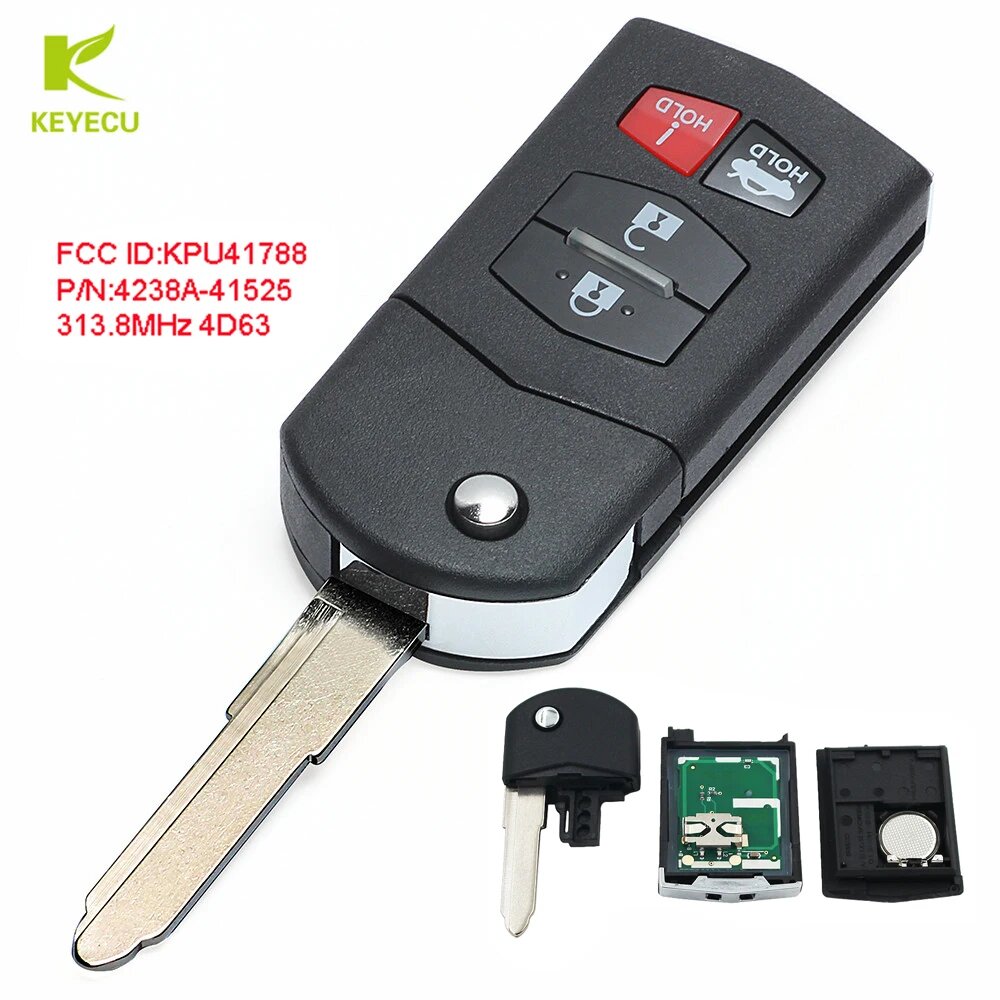 Сменный 4-кнопочный выкидной ключ-брелок KEYECU 313.8 МГц 4D63 80 бит для Mazda 3, 6, MX-5 2006-2008, для RX-8 2004-2011, FCC ID: KPU41788